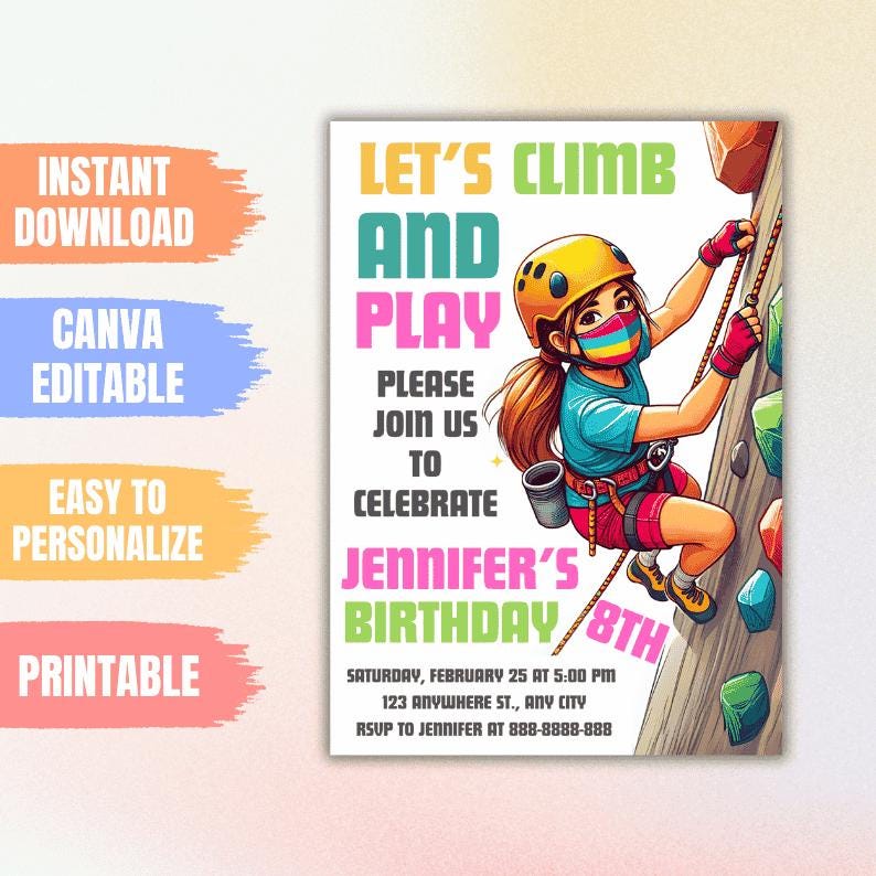 Editable Girls Rock Climb Invitation, Rock Climbing Birthday Invite ...