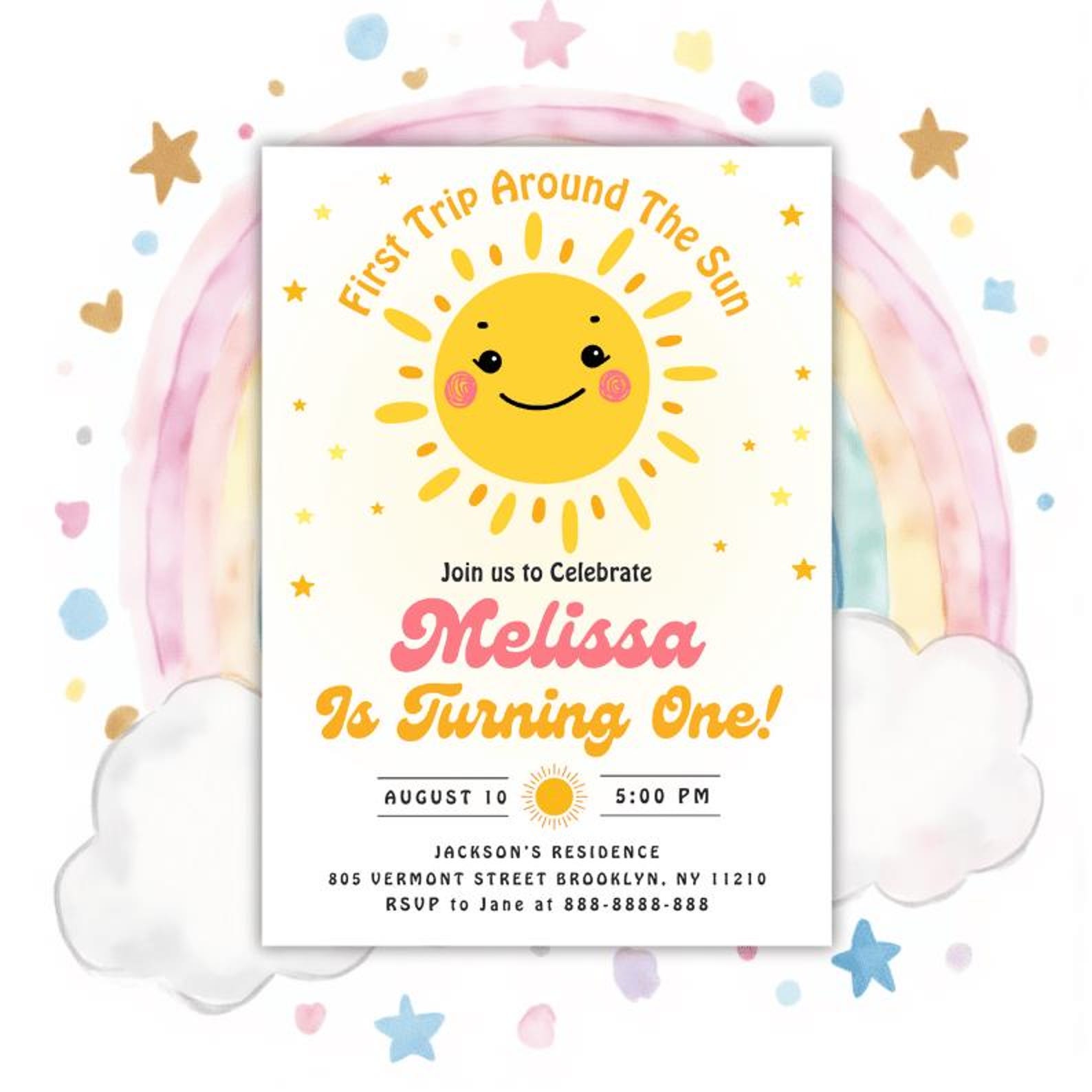 Editable First Trip Around the Sun Birthday Invitation: Boho Sunshine ...