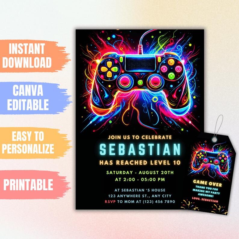 EDITABLE Video Game Controller Party Invitation, Neon Level up Birthday ...