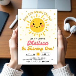 Editable First Trip Around the Sun Birthday Invitation: Boho Sunshine ...