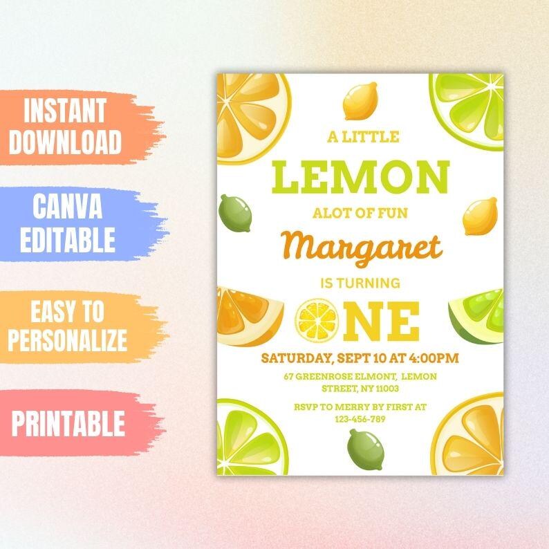 Editable Lemon Birthday Invitation, A Little Lemon Invite, First ...