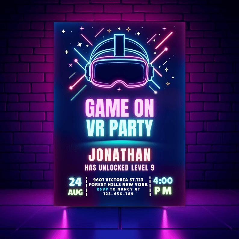 Virtual Reality Game Birthday Party Invitation Card Template, Digital ...