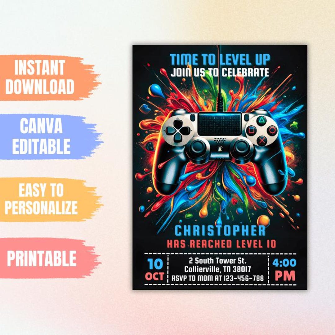 EDITABLE Video Game Controller Birthday Party Invitation, Level up ...