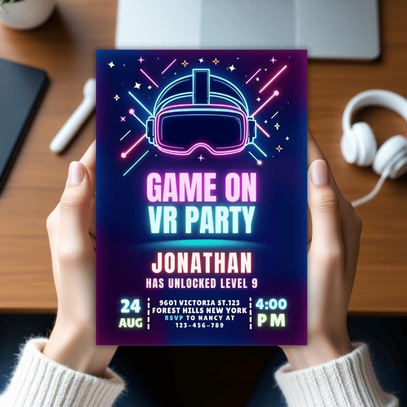 Virtual Reality Game Birthday Party Invitation Card Template, Digital ...