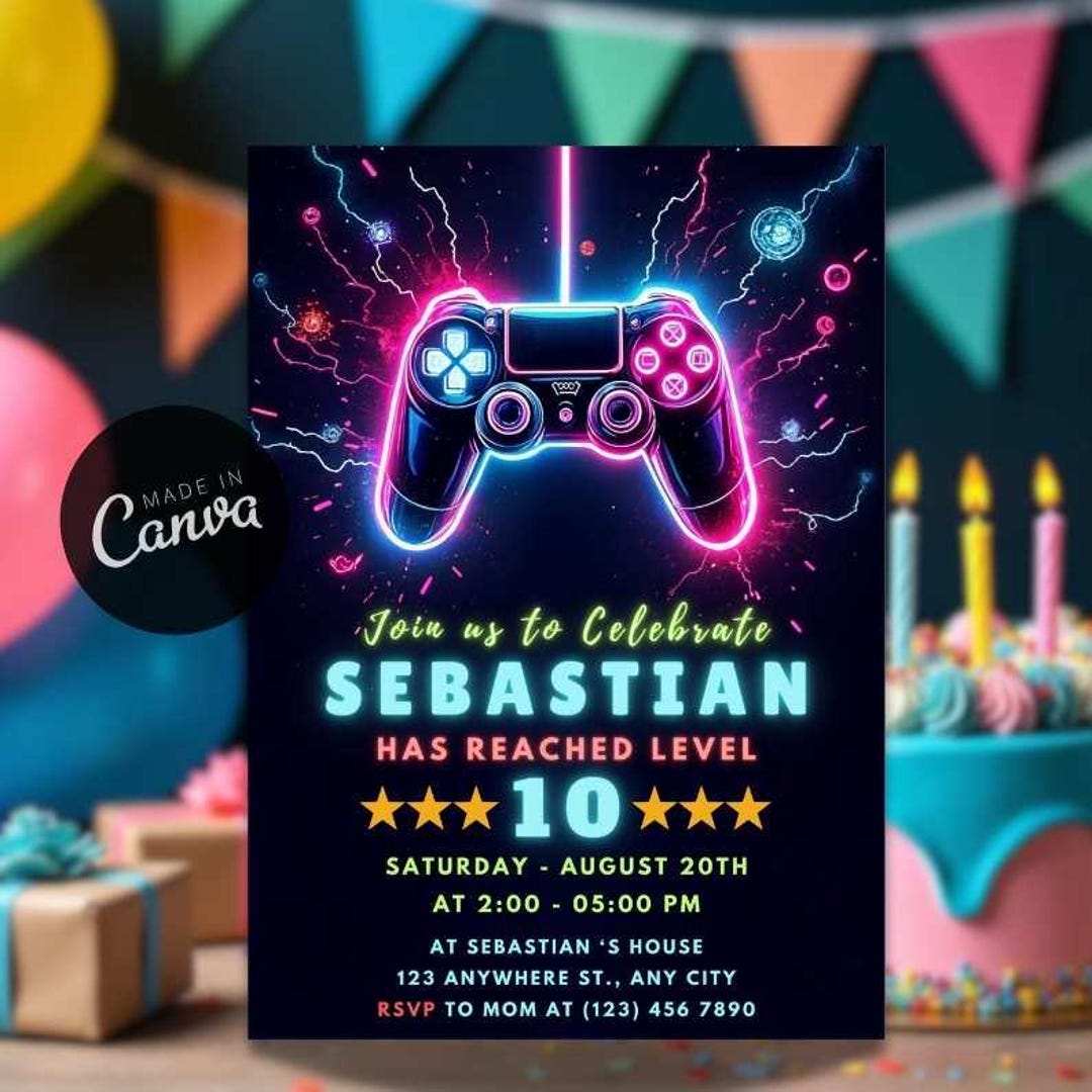 Level up Birthday Invitation: Neon Arcade Game Party (PDF/PNG/JPEG) - Etsy