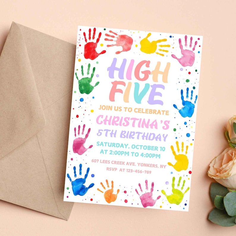 Editable High Five Birthday Party Invitation, Hi Five Invite Template, Girls 5th Painting ...