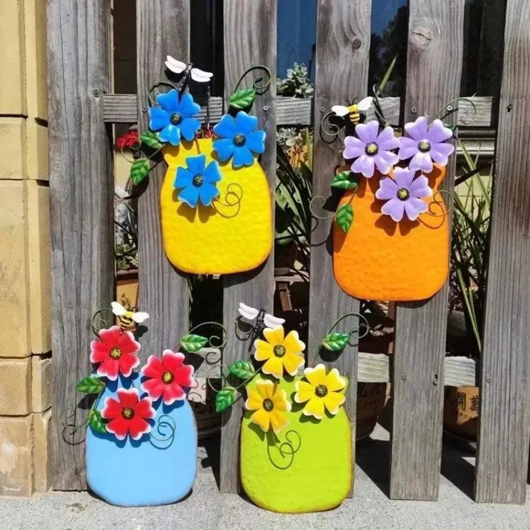 Metal Flower Garden Vases Wall Decor Outdoor Fence Art Patio Sculptures ...