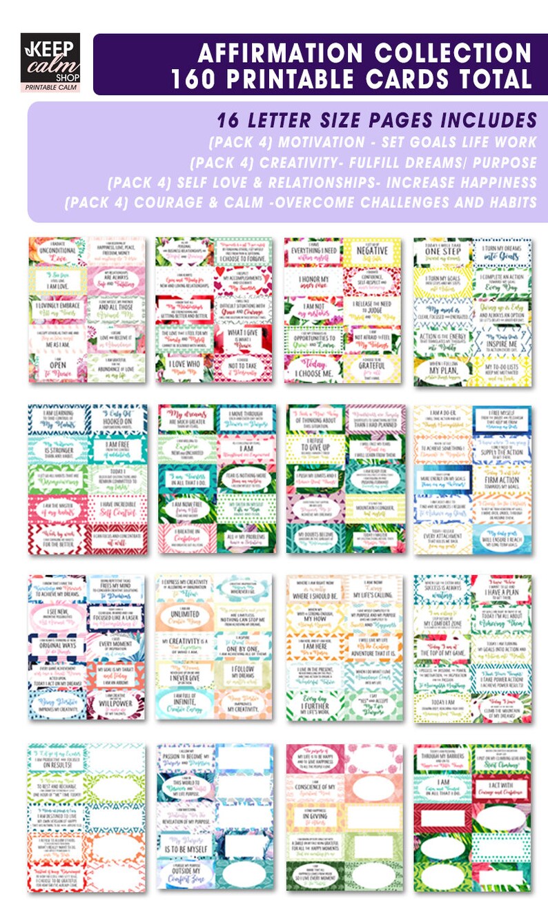 160 Printable Affirmation Cards Set includes Courage Calm - Etsy