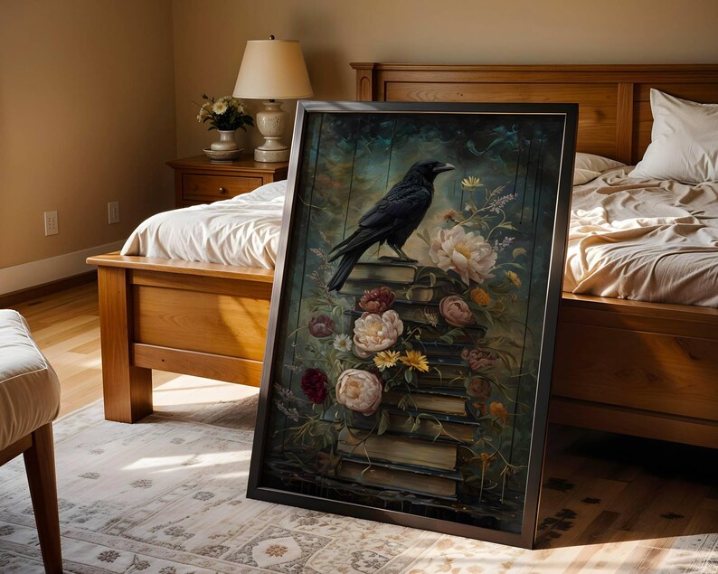 Gothic Crow & Books Print | Dark Academia Wall Art | Vintage Raven ...