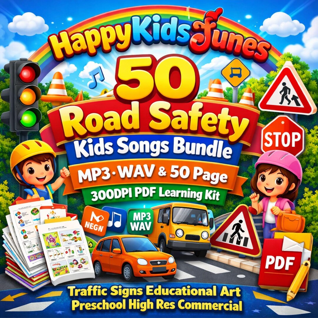 50 Road Safety Kids Songs & Art Bundle | MP3 WAV, 300DPI PDF ...