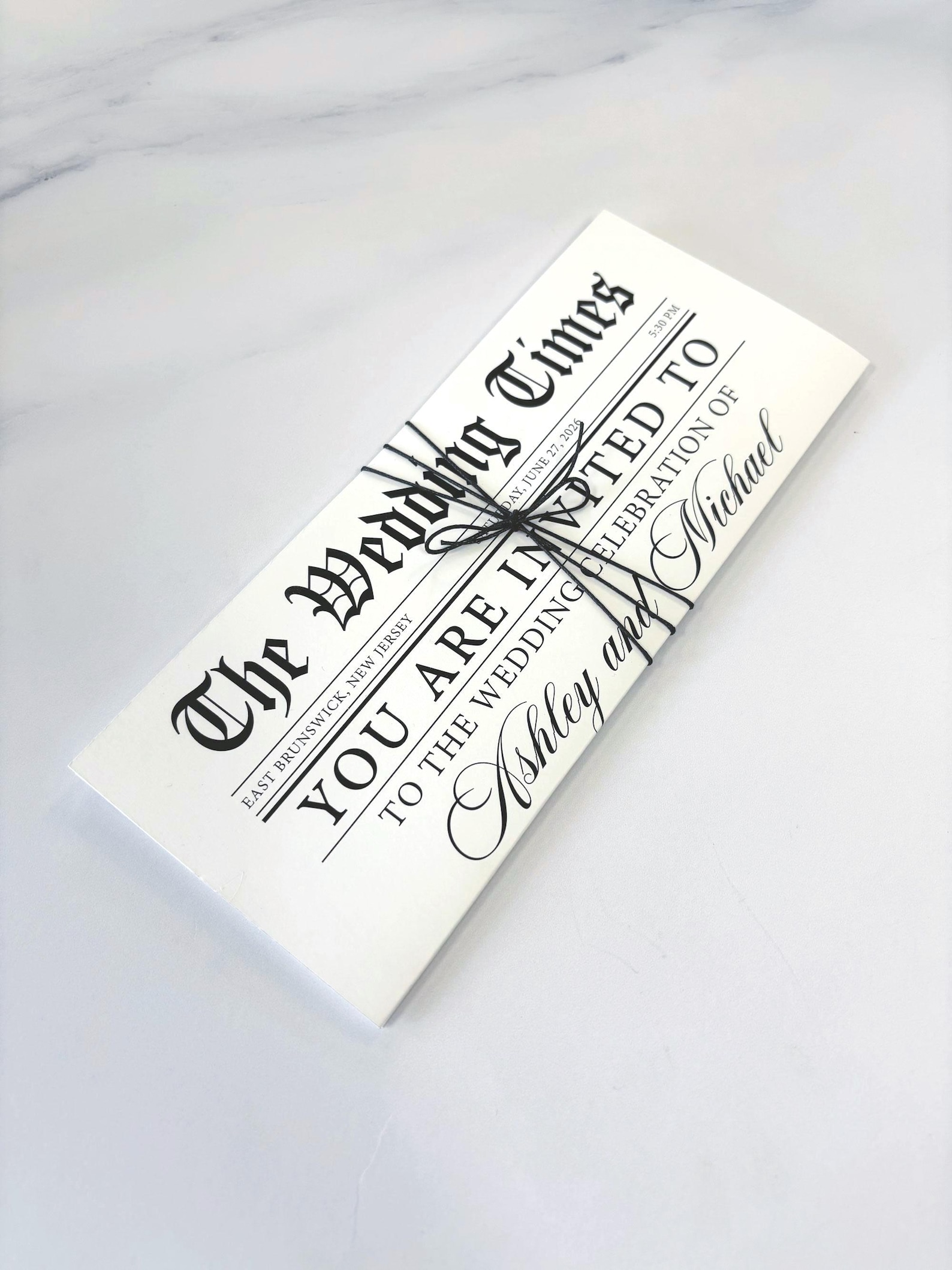 Newspaper Wedding Invitation Wrapped in Thin Black Cord (tri-fold) - Etsy