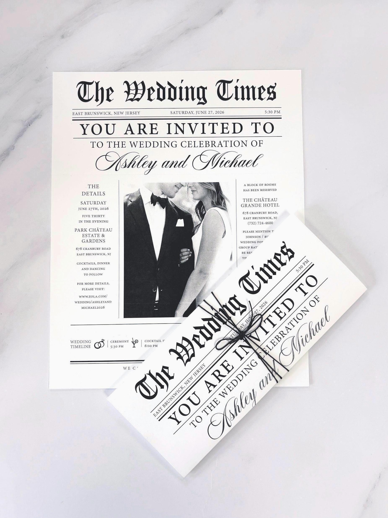 Newspaper Wedding Invitation Wrapped in Thin Black Cord (tri-fold) - Etsy