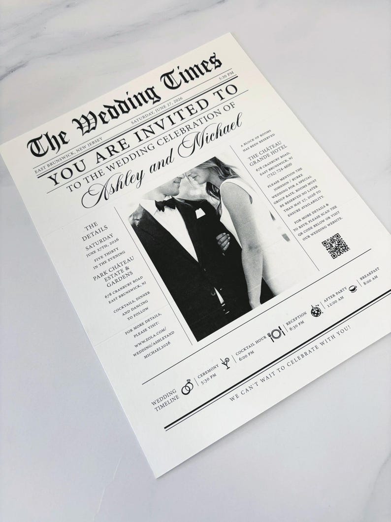 Newspaper Wedding Invitation Wrapped in Thin Black Cord (tri-fold) - Etsy