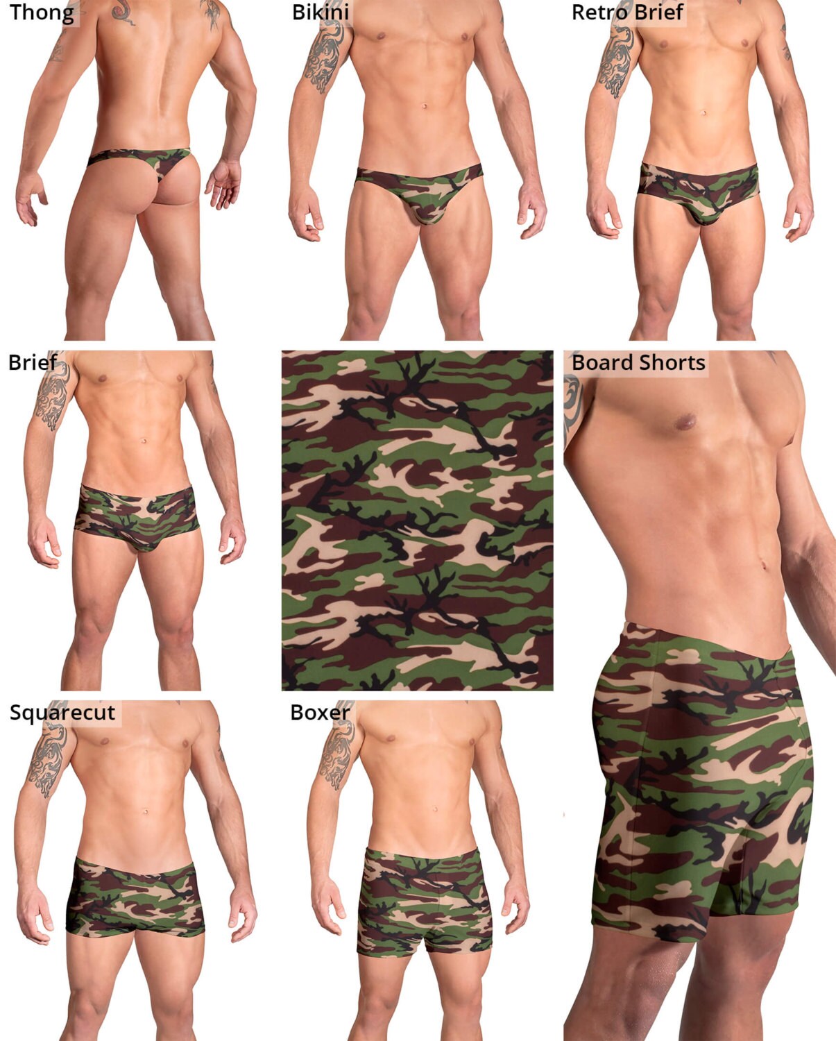 Green And Brown Camouflage Swimsuits For Men By Vuthy Sim Thong Bikini Breif Squarecut 156