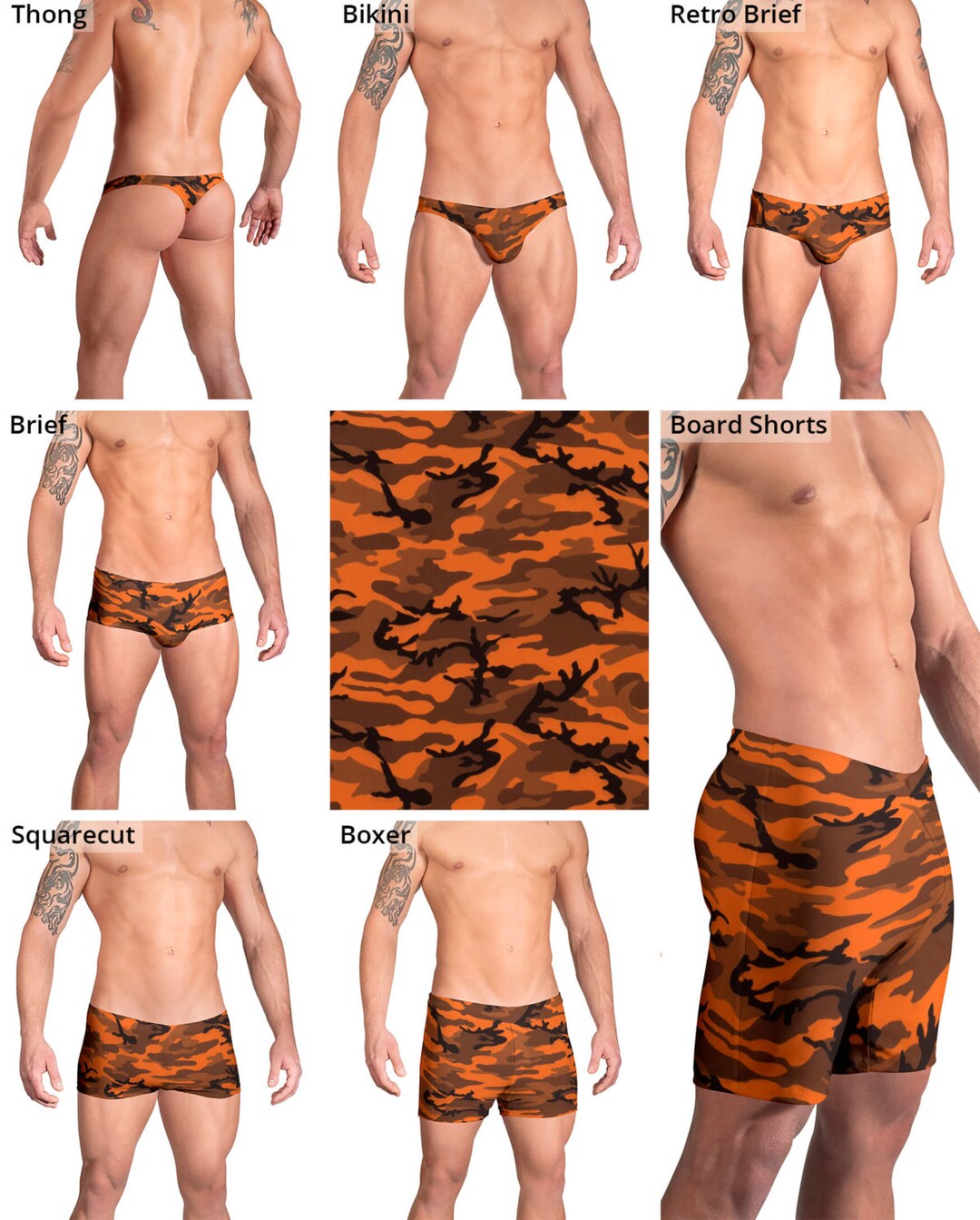 Deep Orange & Gray Camouflage Swimsuits for Men by Vuthy Sim. Thong, Bikini, Brief, Squarecut ...