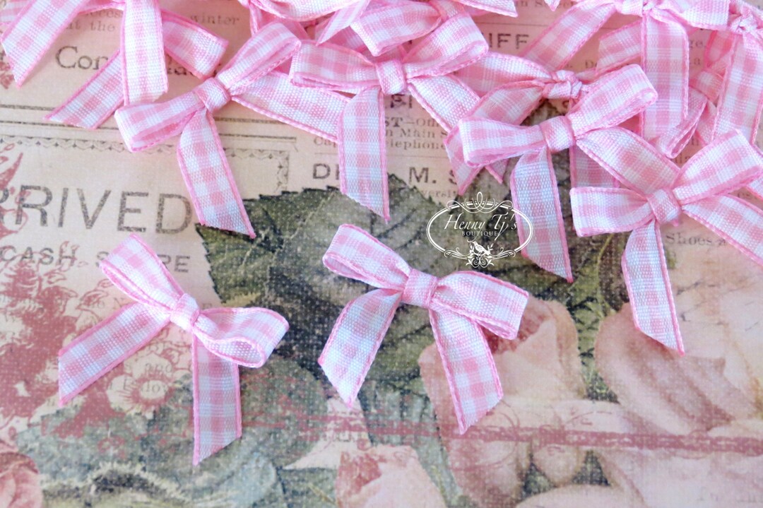 25 Pcs Adorable Checkered Tiny Small Pink White Bows, Fabric Bows Tie ...