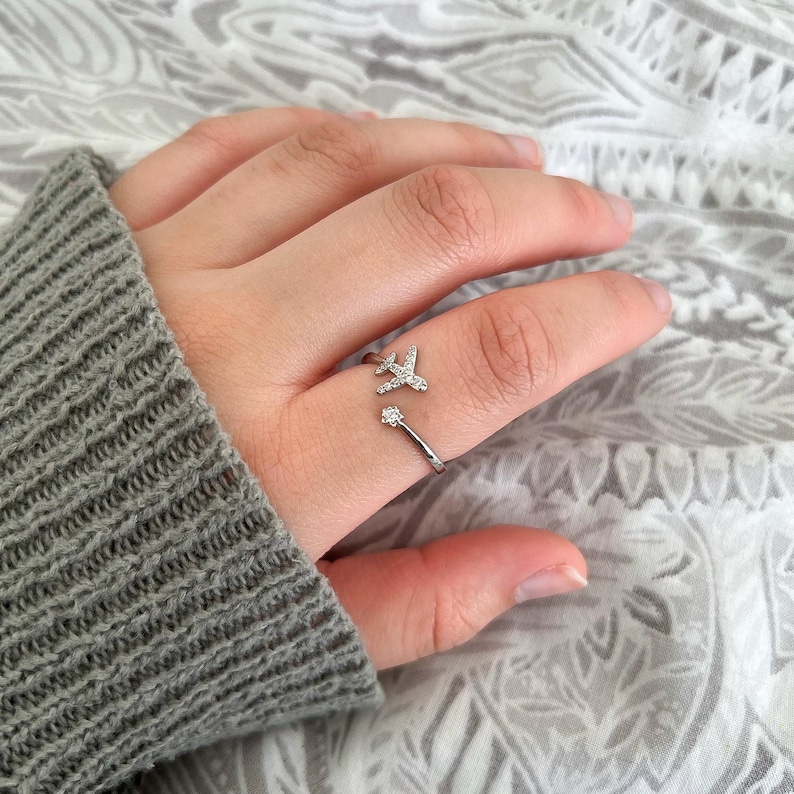 Sterling Silver Plane Ring, Shiny Unique CZ Traveller Jewellery, Simple ...