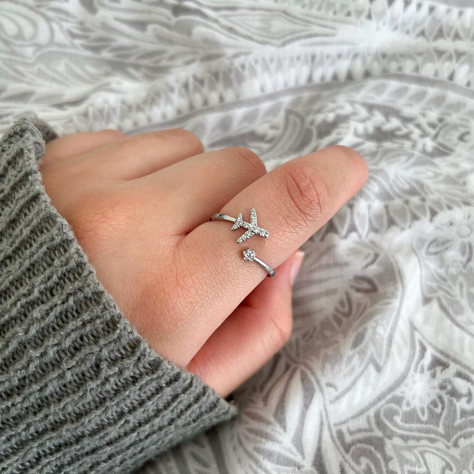 Sterling Silver Plane Ring, Shiny Unique CZ Traveller Jewellery, Simple ...