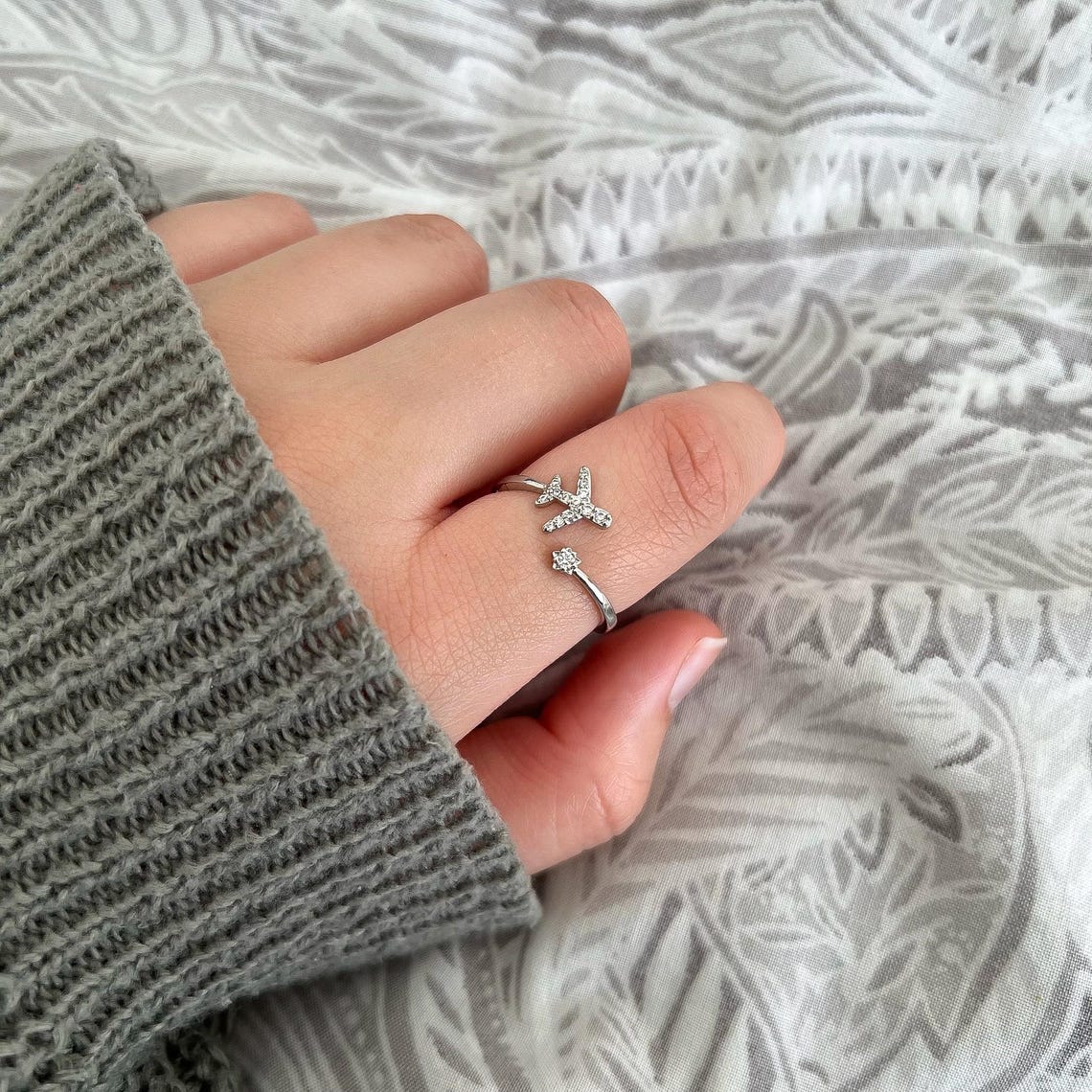 Sterling Silver Plane Ring, Shiny Unique CZ Traveller Jewellery, Simple ...