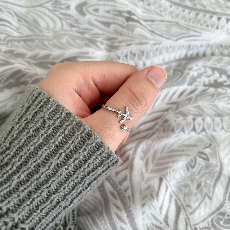 Sterling Silver Plane Ring, Shiny Unique CZ Traveller Jewellery, Simple ...