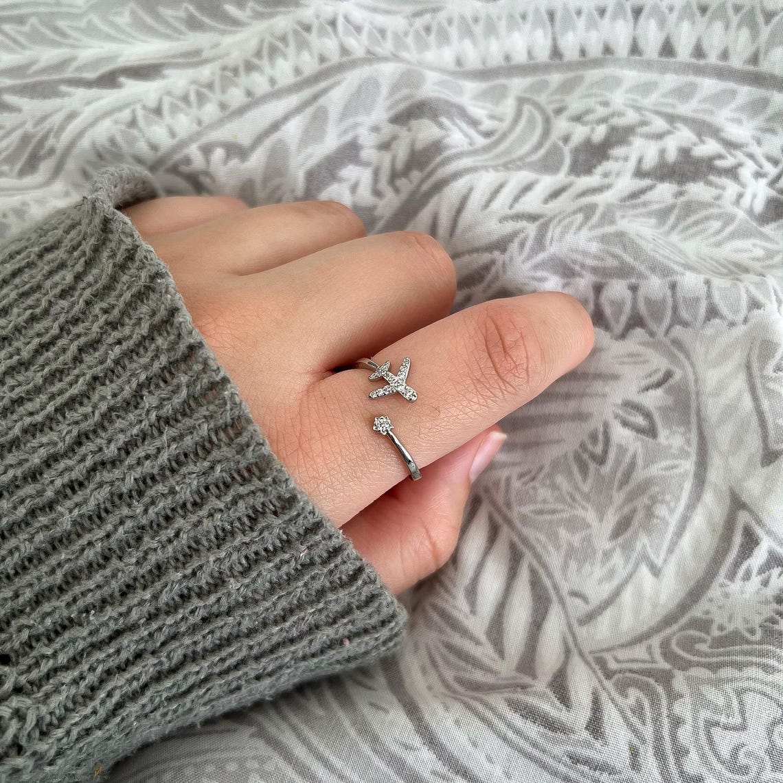 Sterling Silver Plane Ring, Shiny Unique CZ Traveller Jewellery, Simple ...