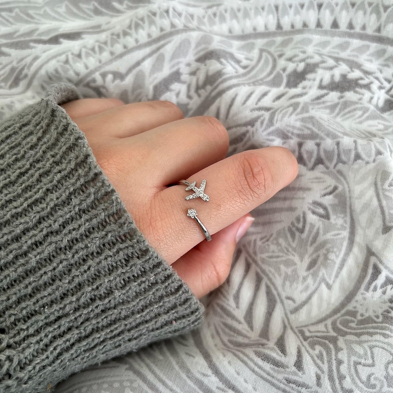 Sterling Silver Plane Ring, Shiny Unique CZ Traveller Jewellery, Simple ...