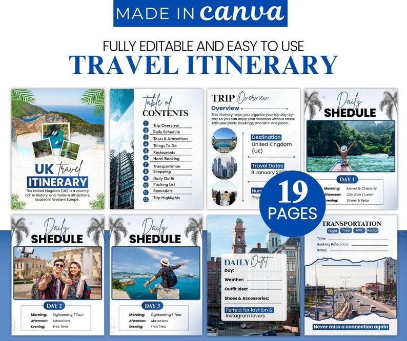 Editable Travel Itinerary Template Canva, 19 Page Travel Planner ...