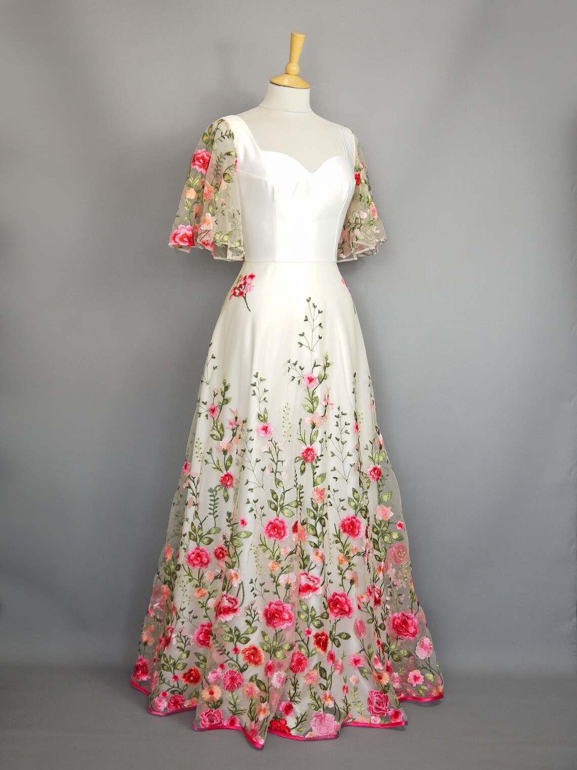 Red & Pink Dahlia Wedding Gown With Ivory Duchess Satin and Lace ...