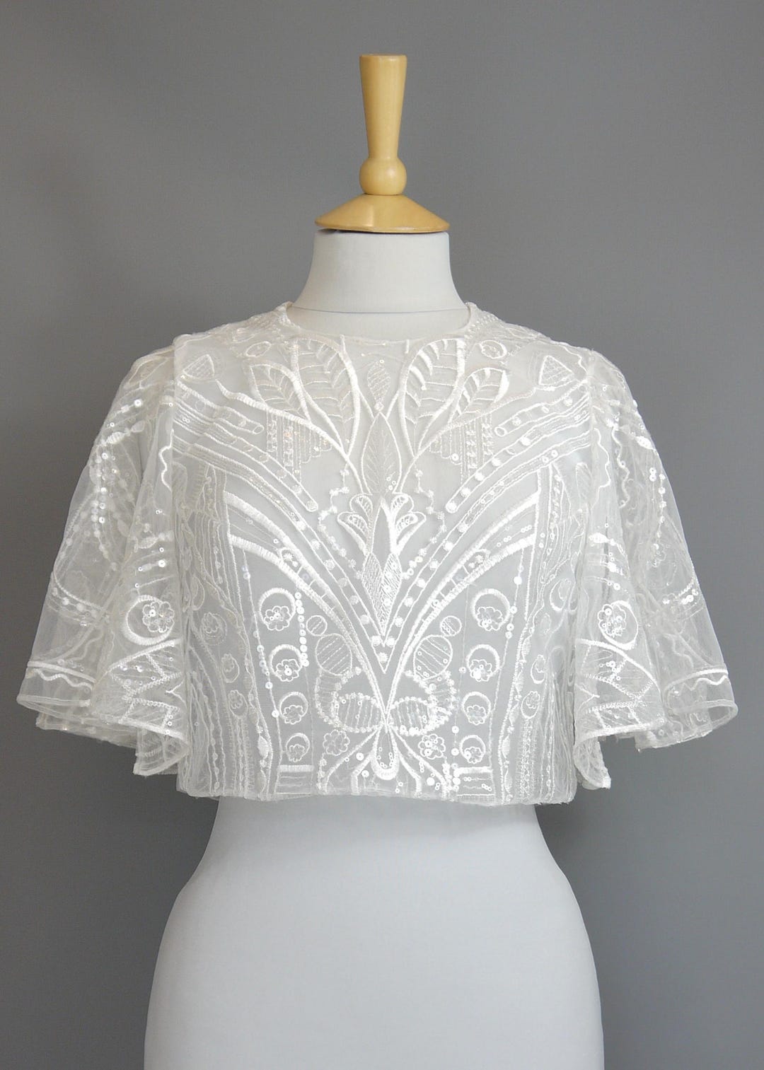 Boxy Sheer Top in Art Deco Sequin Lace With Large Flutter Sleeves ...