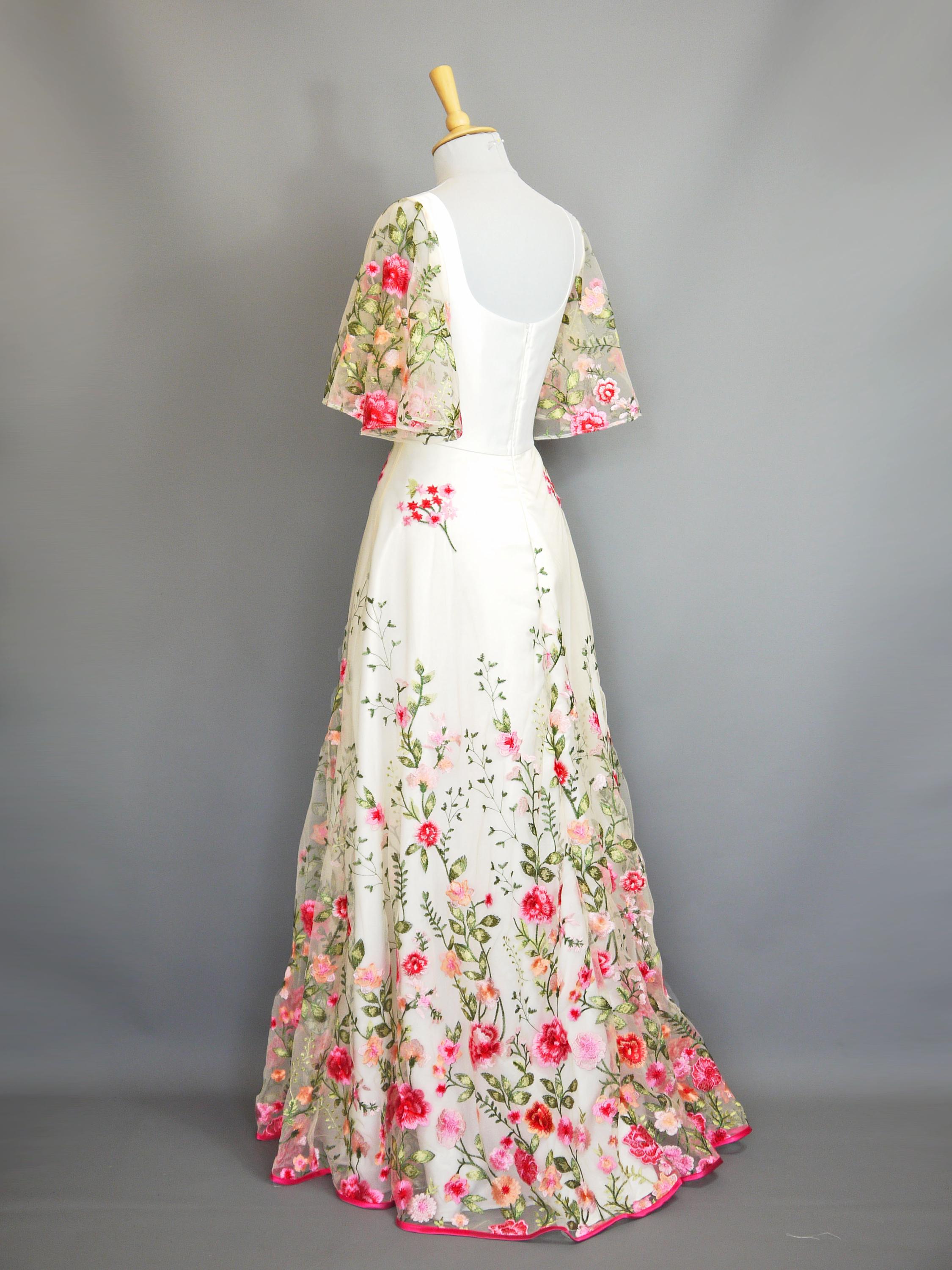 Red & Pink Dahlia Wedding Gown With Ivory Duchess Satin and Lace ...