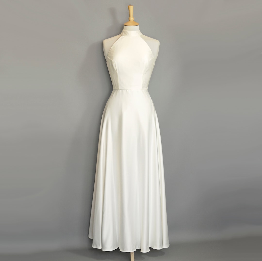 Farrah Wedding Gown in Ivory Satin Crepe - Full Length Halter Neck ...