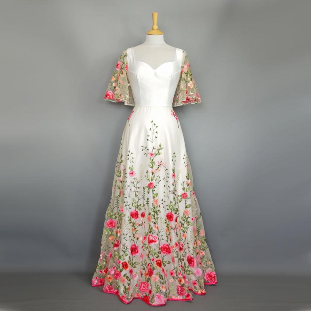 Red & Pink Dahlia Wedding Gown With Ivory Duchess Satin and Lace ...