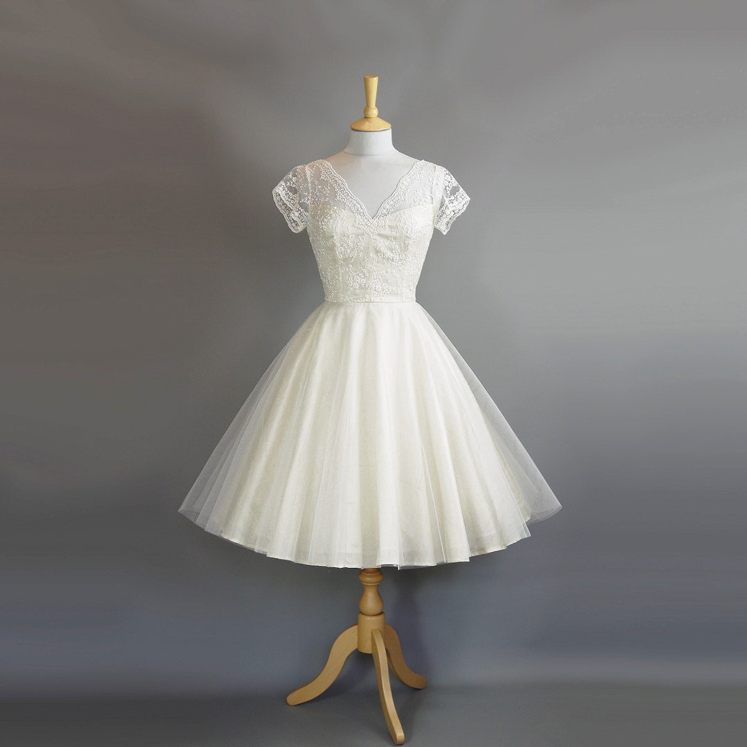 Princess Wedding Dress in Ivory Silk Dupion & Ivory Floral Lace - Tea ...
