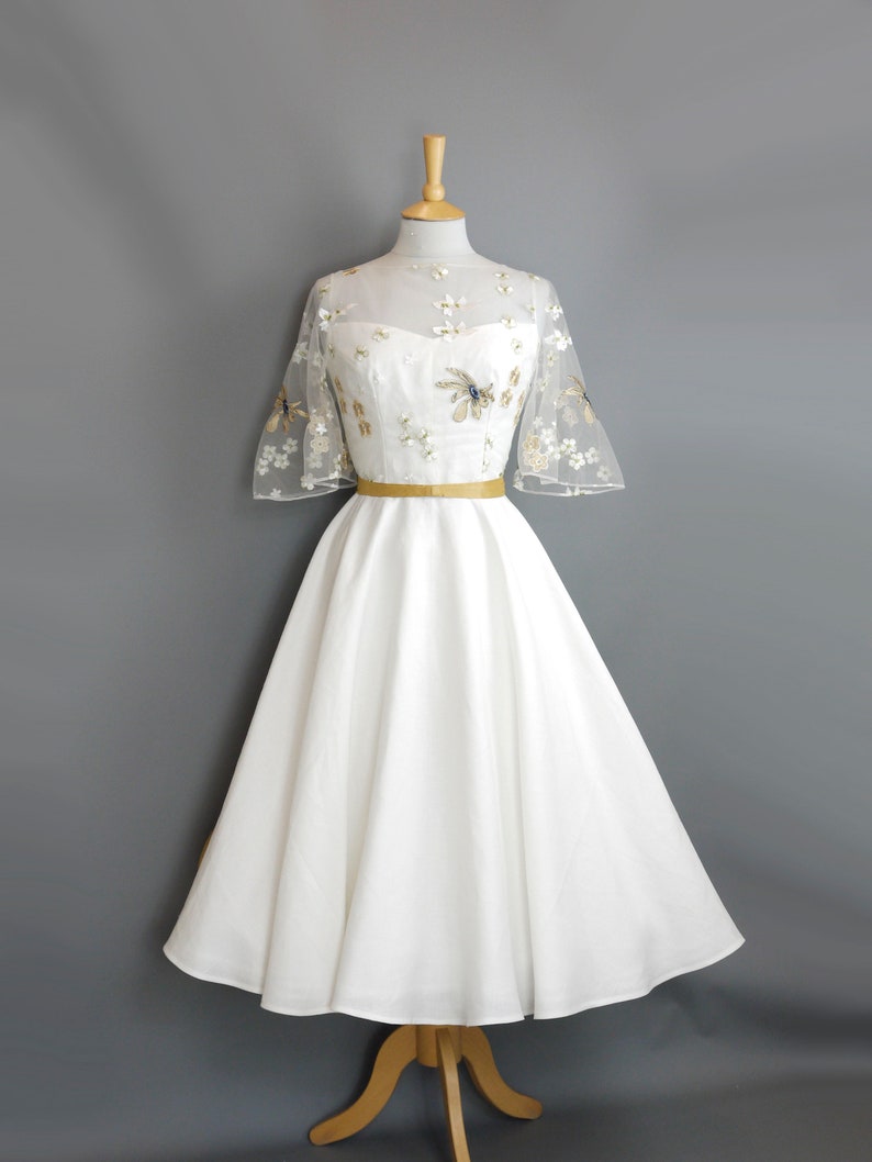 Ivory Linen and Blue and Gold Poppy Lace Grace Wedding Dress - Bell ...
