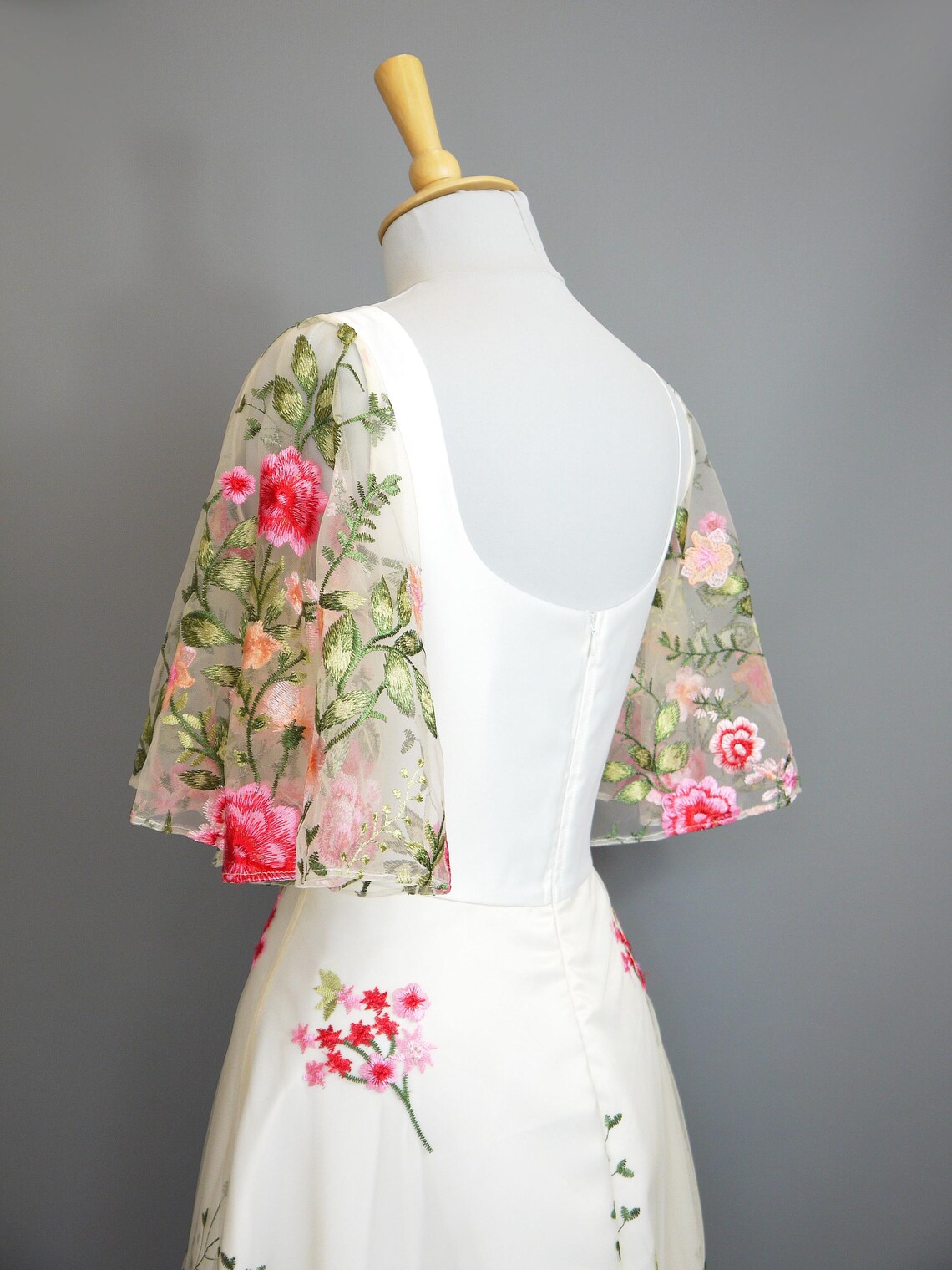 Red & Pink Dahlia Wedding Gown With Ivory Duchess Satin and Lace ...