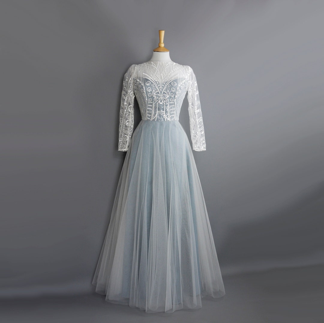 Storm Grey Silk Grace Wedding Gown With Sequin Art Deco Lace - Made by ...