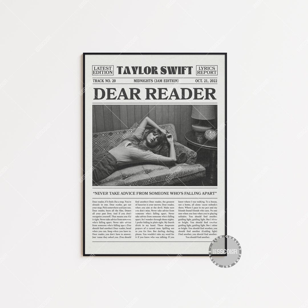 Taylor Swift Retro Newspaper Print, Dear Reader Poster, Dear Reader ...