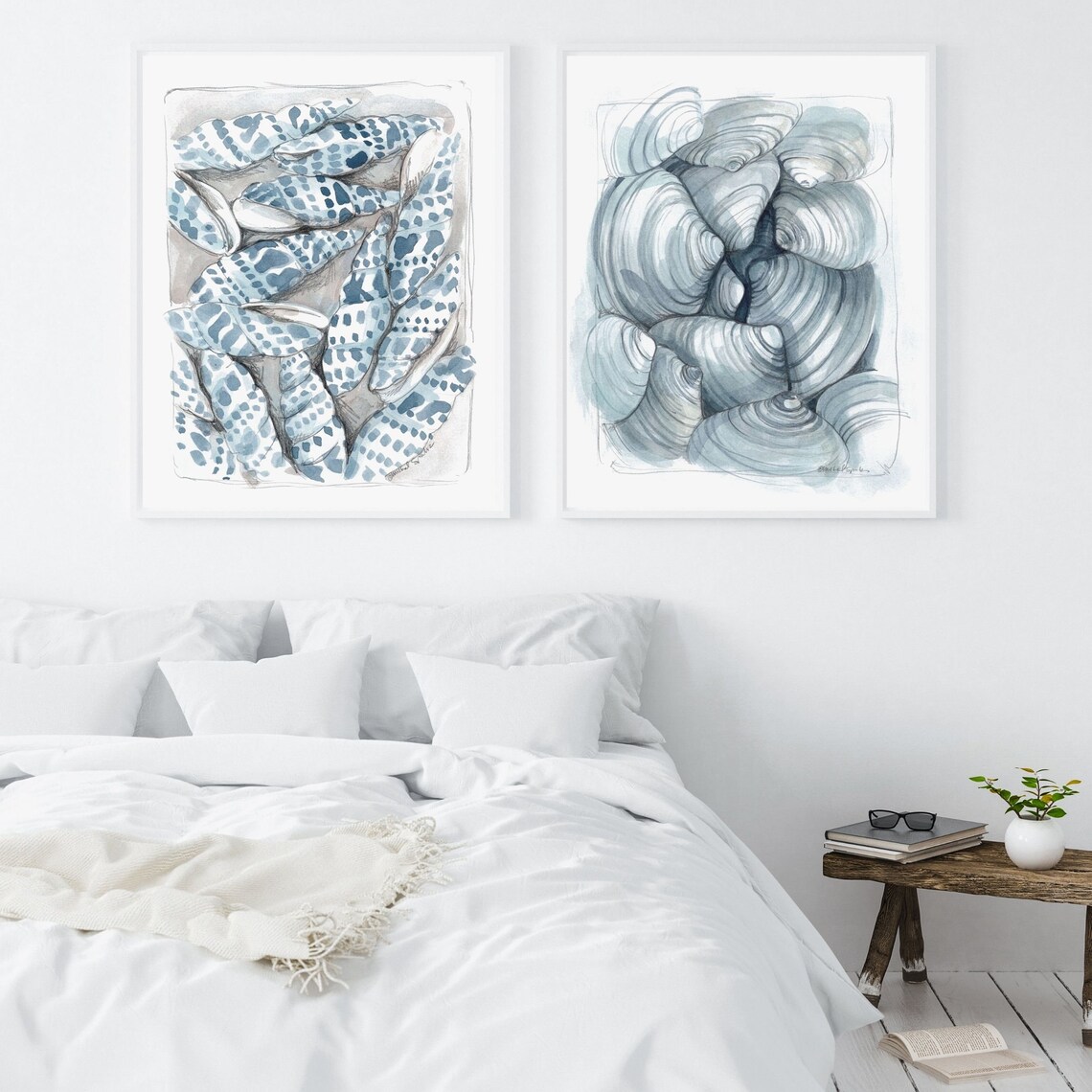 Shells, Blue Clam Shells Watercolor Beach Art, Shell Coastal Decor ...