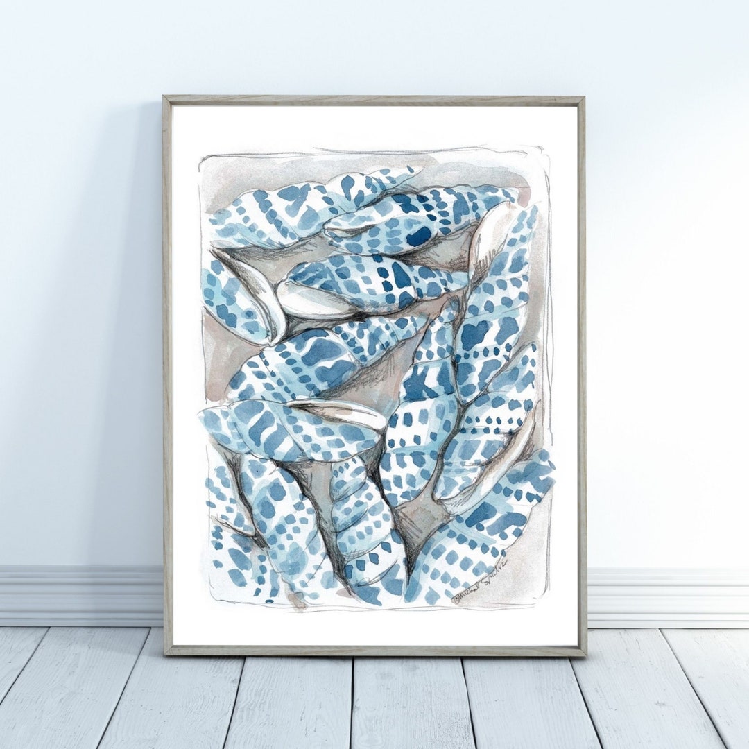 Shells, Blue Shells Watercolor Beach Art, Shell Coastal Decor ...