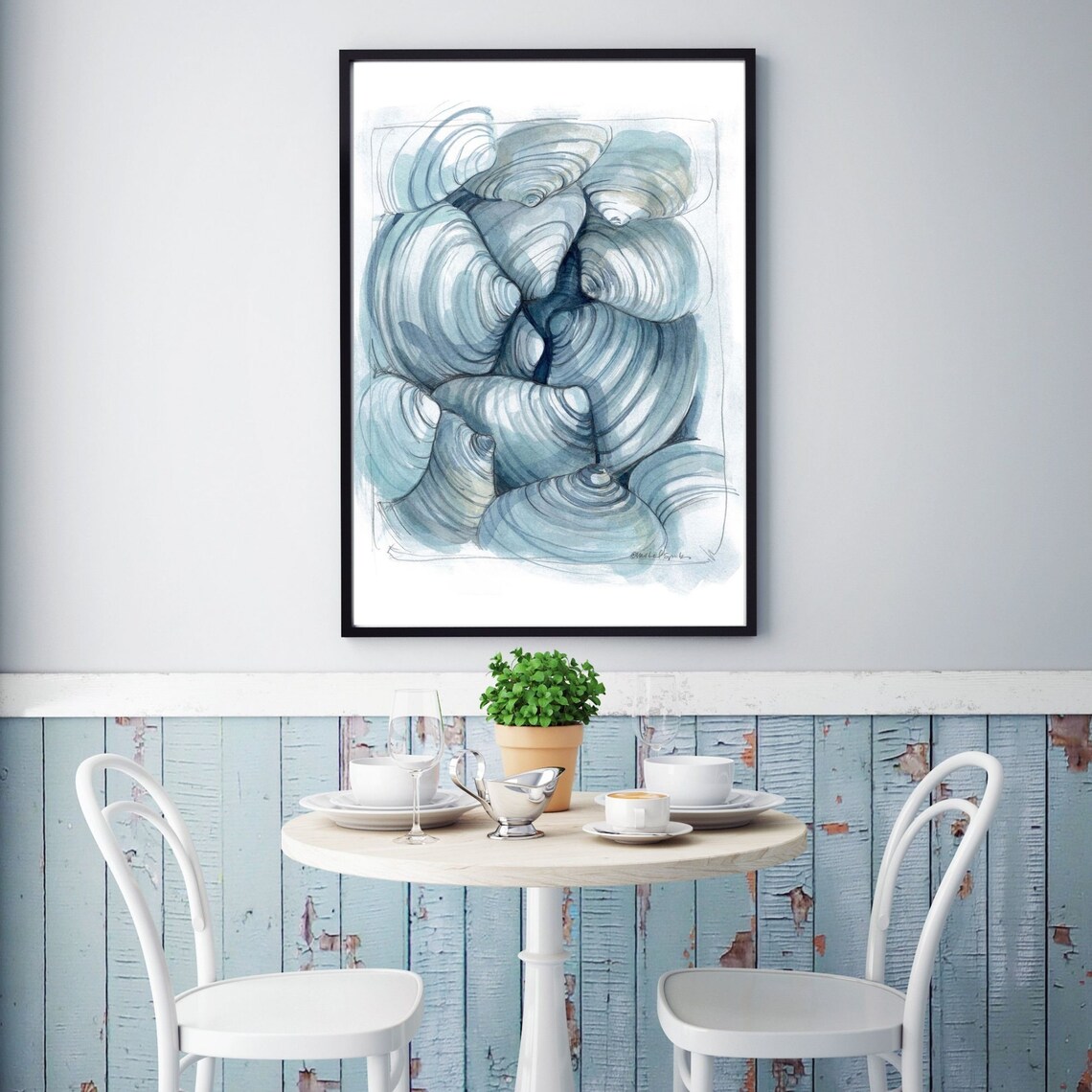 Shells, Blue Clam Shells Watercolor Beach Art, Shell Coastal Decor ...