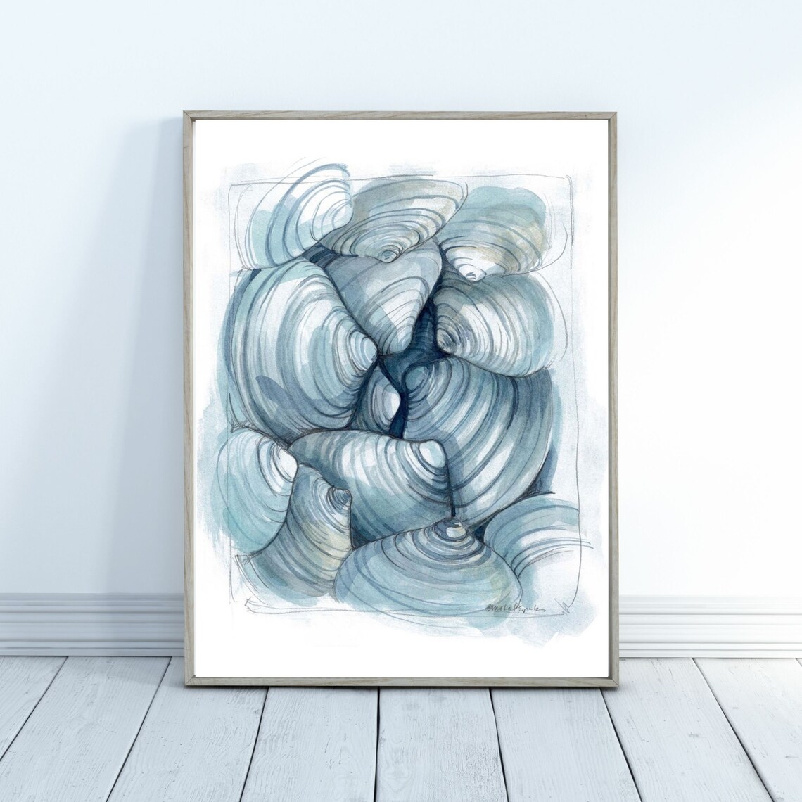 Shells, Blue Clam Shells Watercolor Beach Art, Shell Coastal Decor ...