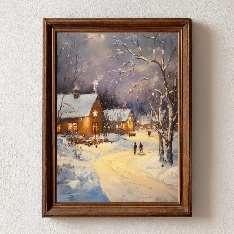 Vintage Winter Village Painting Christmas Printable Wall Art Rustic ...