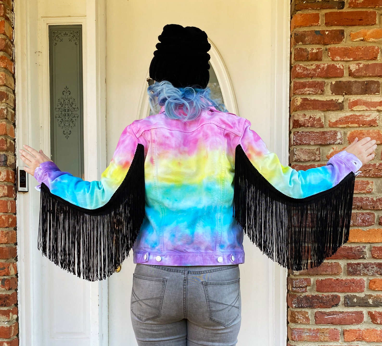 Rainbow Dyed Denim Black Fringe Jacket Size M Ready Made | Etsy