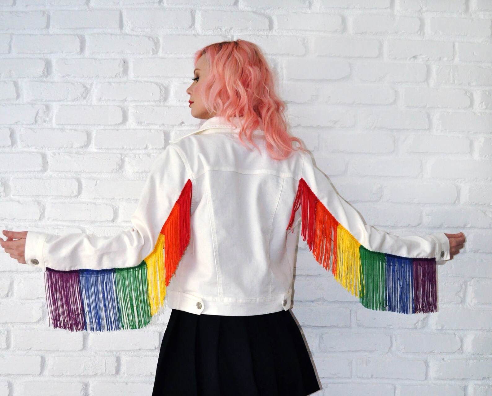 Rainbow Fringe Denim Jacket White/black/denim Men's Womens - Etsy