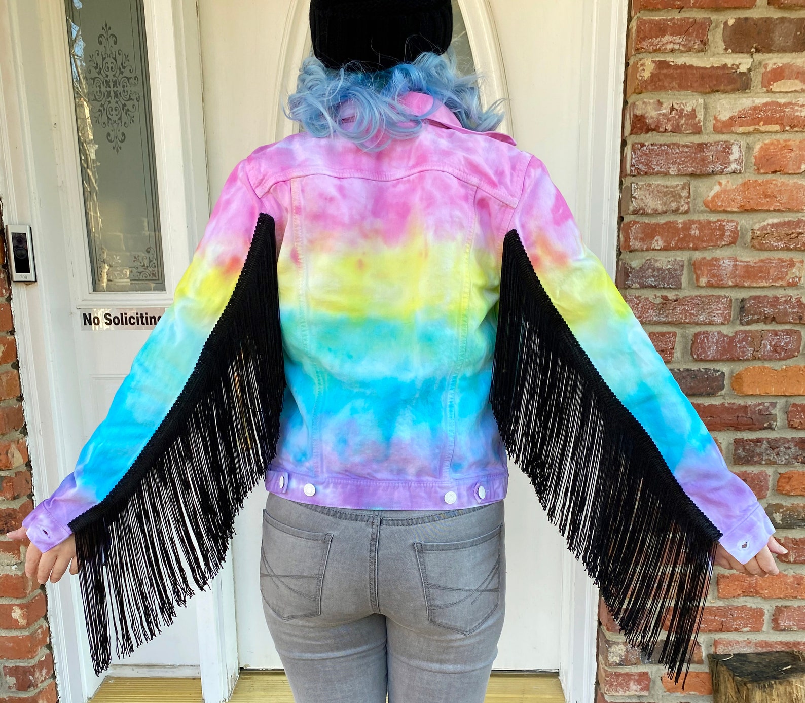 Rainbow Dyed Denim Black Fringe Jacket Size M Ready Made | Etsy