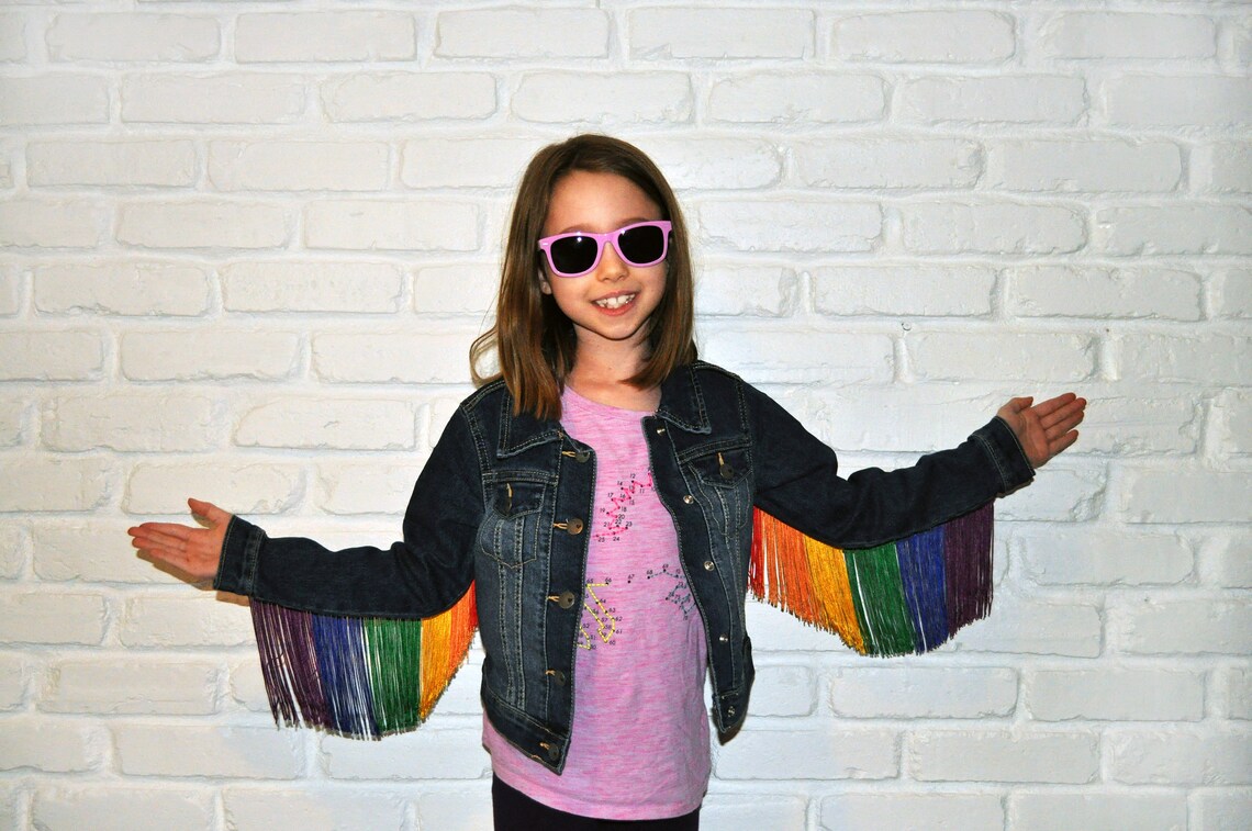 Rainbow Fringe Denim Jacket Kids - Etsy