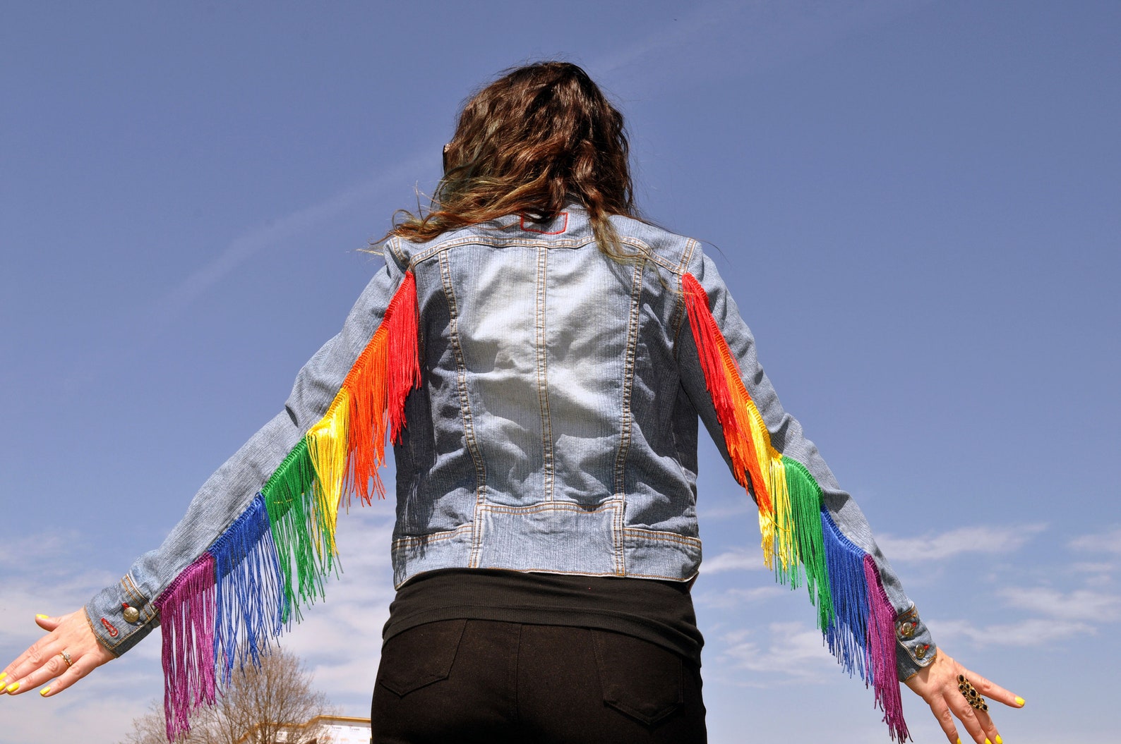 Rainbow Fringe Denim Jacket White/black/denim Men's Womens - Etsy