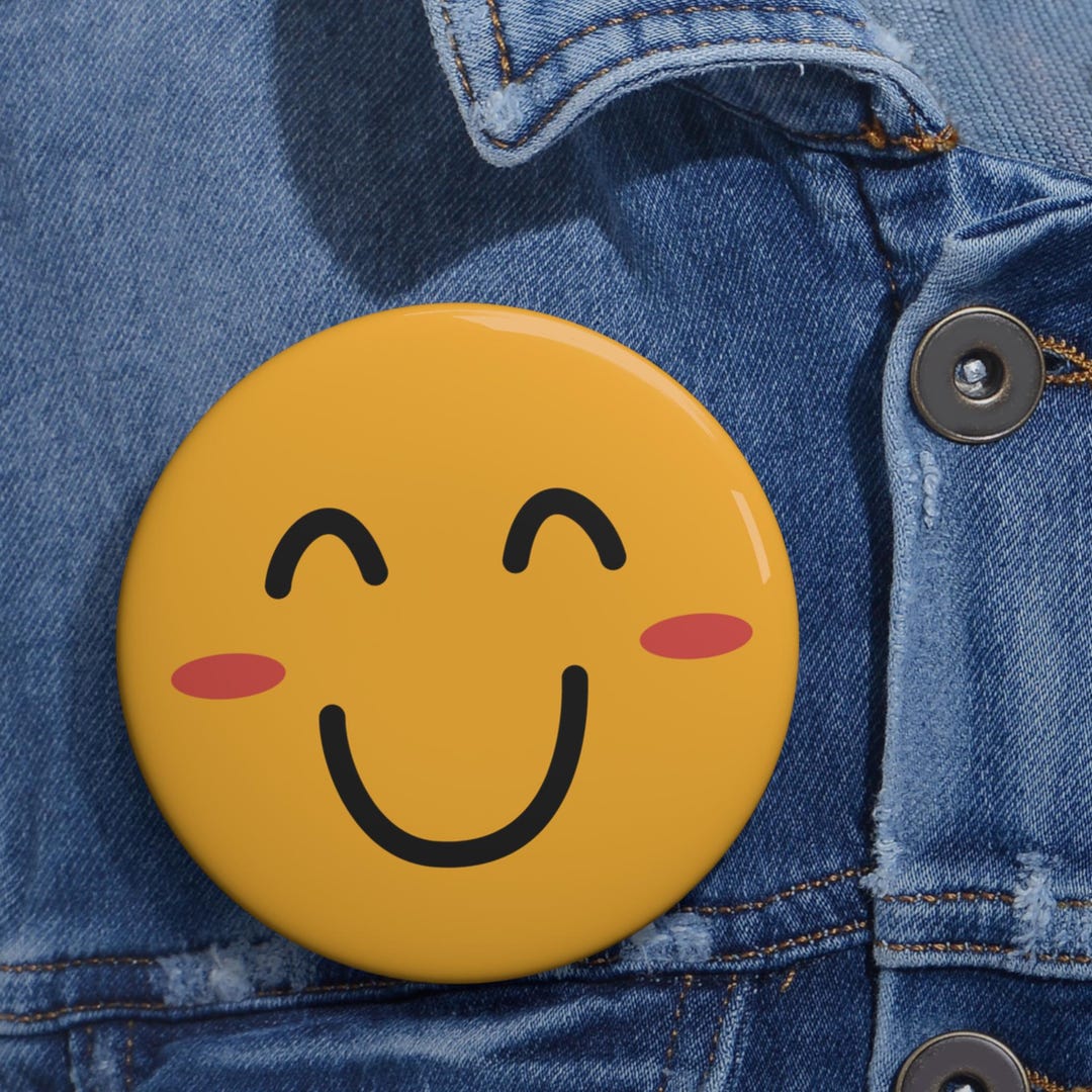 Smiling Emoji Face Pin Button | Cute Yellow Happy Face Badge With Blush ...