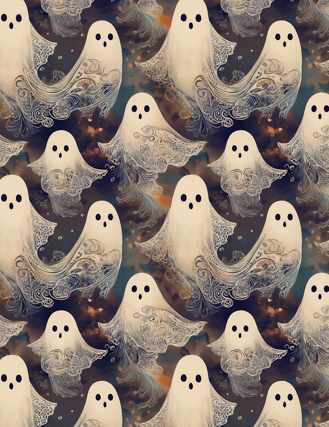Seamless Pattern Vintage Lace Ghosts, Cute Halloween PNG Instant ...