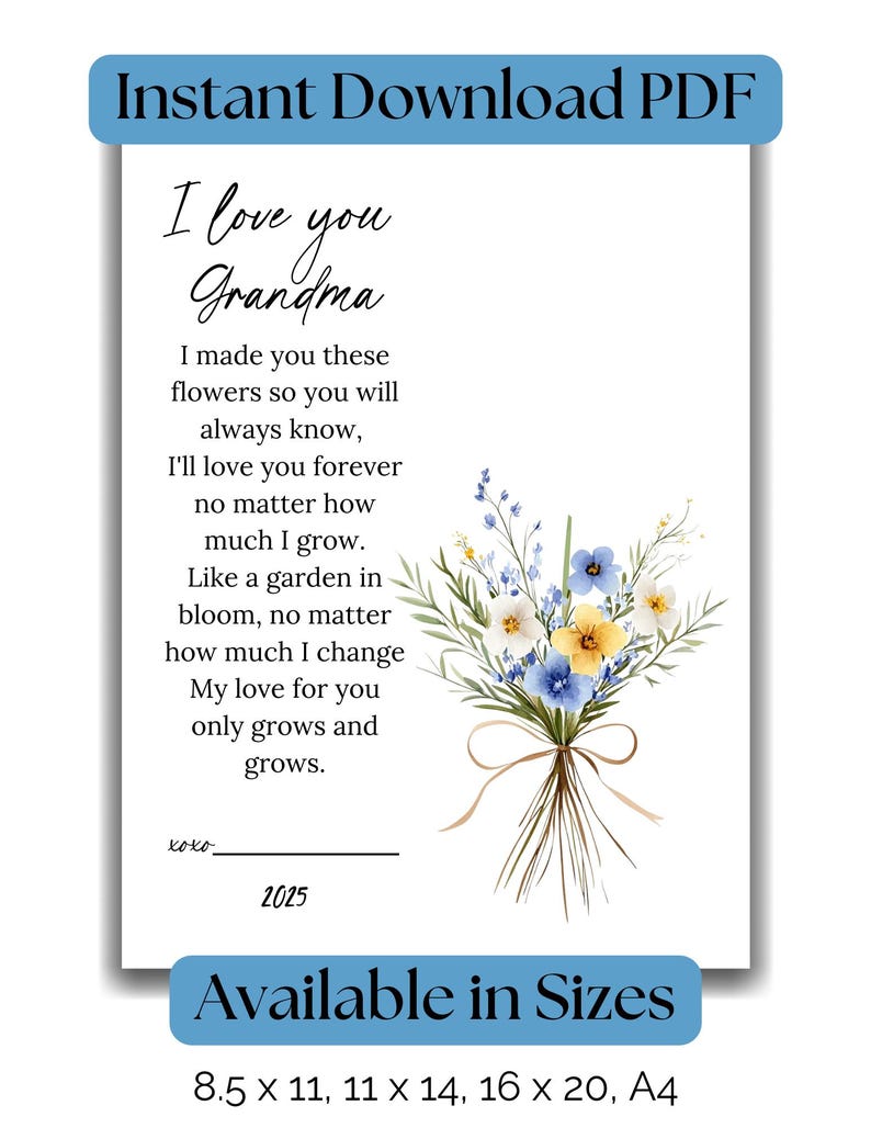 Flower Bouquet Handprint Poem Art for Grandma, Birthday Unique Kids ...